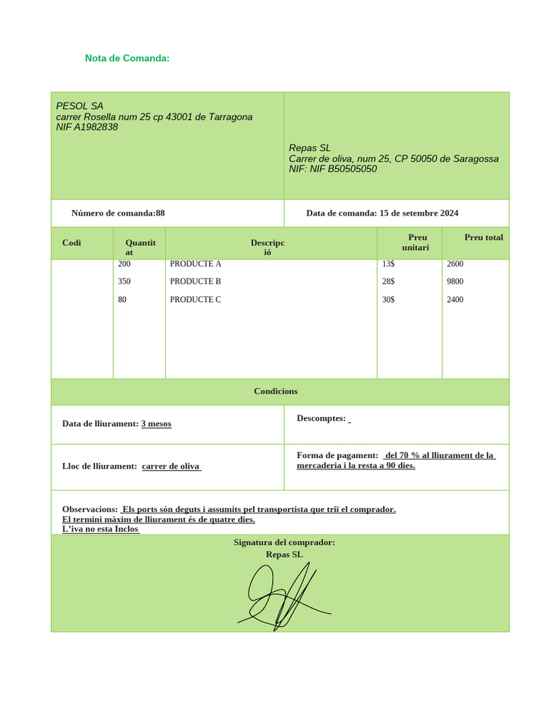 Plantilla de Comanda | PDF