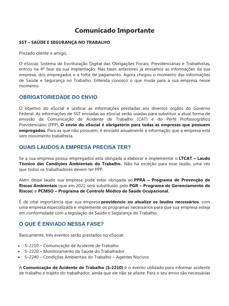 Comunicado Importante eSOCIAL SST | PDF