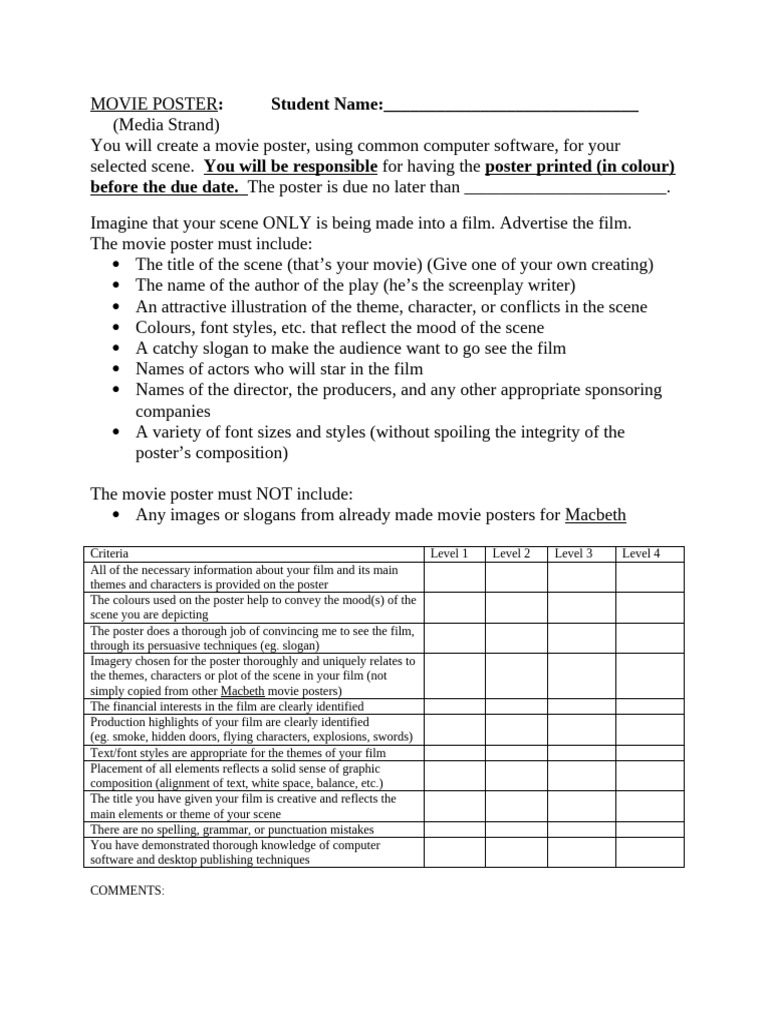 MOVIE POSTER Evaluation Rubric | PDF