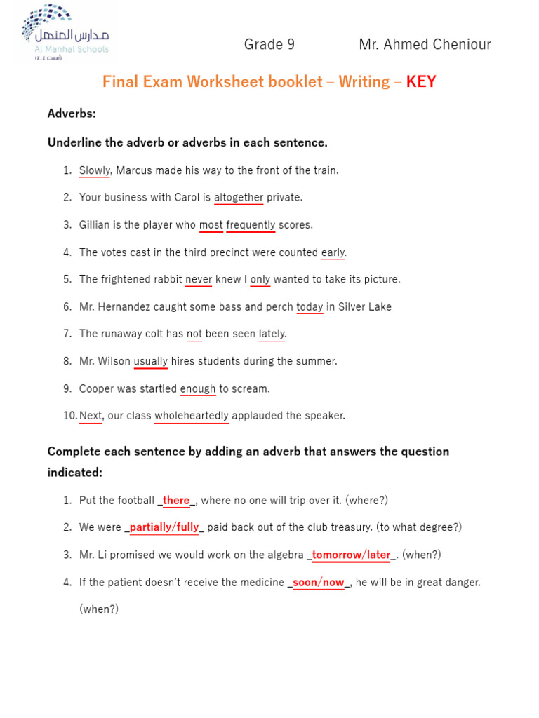 Final Exam Worksheet Booklet - Writing G9 - KEY | PDF | Pollution | Waste