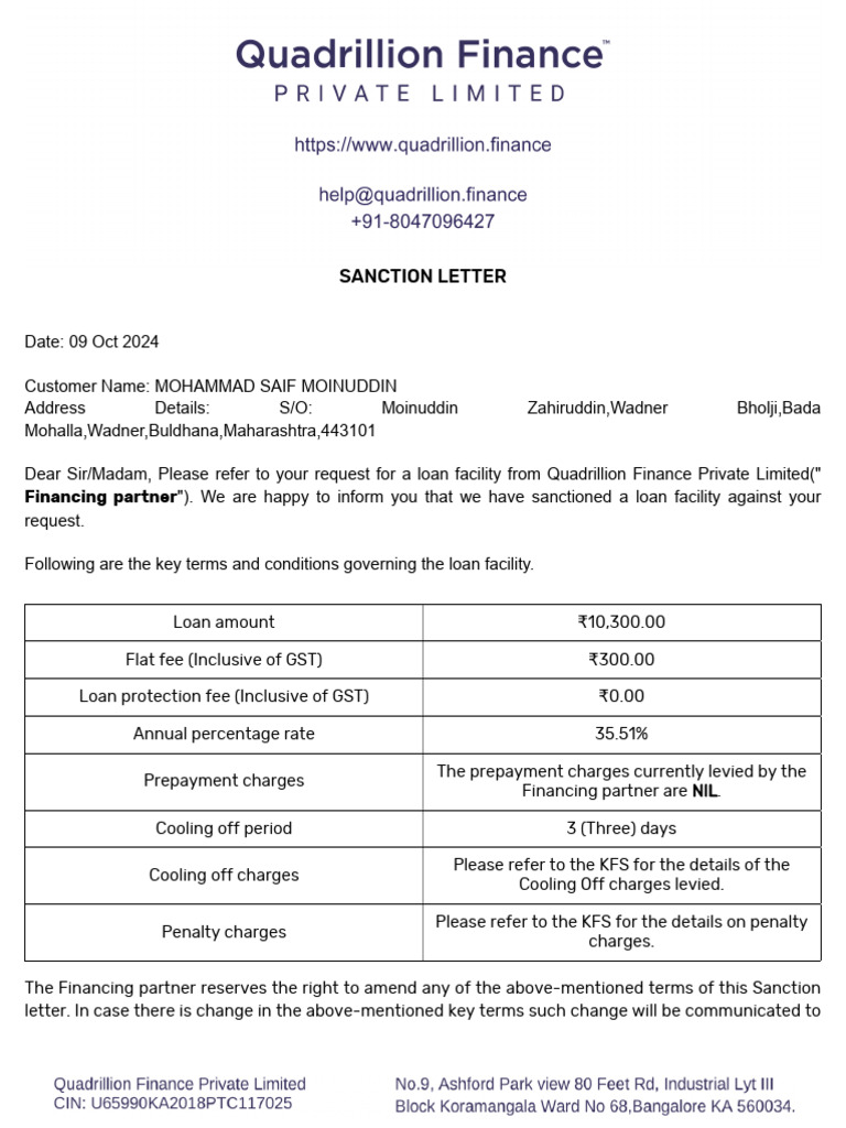 Loan Sanction Letter for Mohammad Moinuddin | PDF | Banking | Financial ...