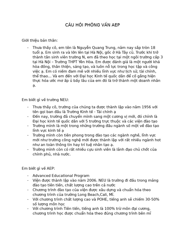 CÂU HỎI PHỎNG VẤN AEP | PDF