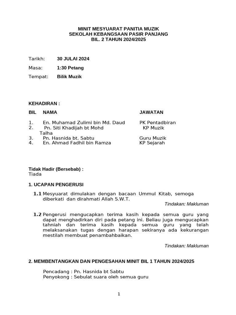Minit Panitia Muzik Bil 2 Tahun 2024 | PDF
