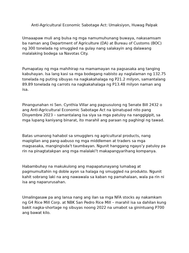 Anti Agricultural Economic Sabotage Act | PDF