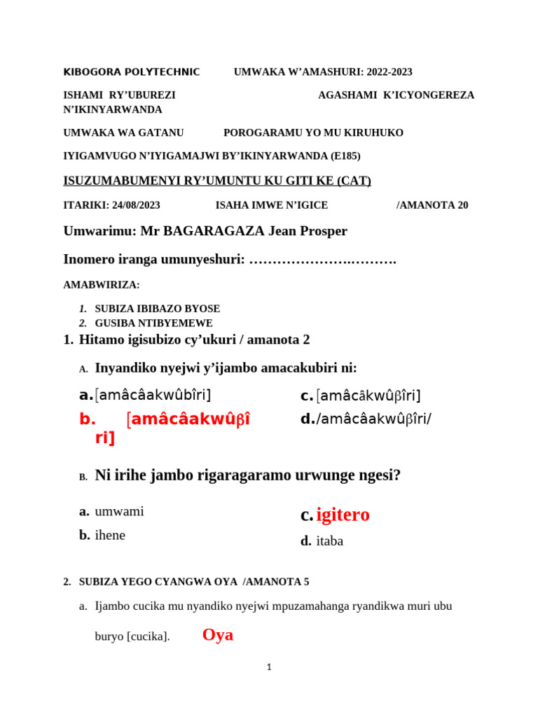 Kinyarwanda Language Assessment 2023 | PDF | Foreign Language Studies