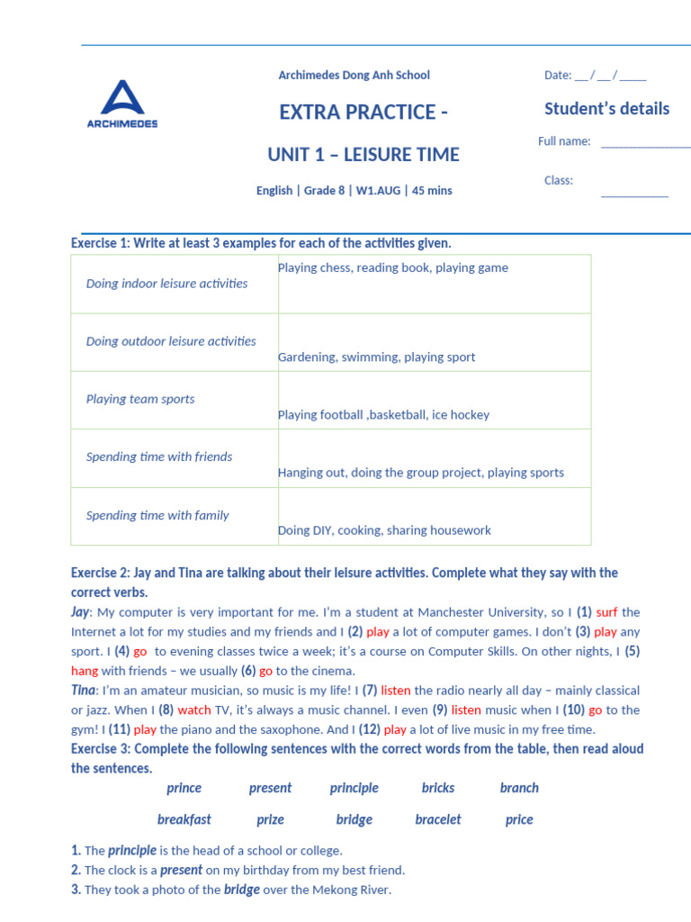 Grade 8 Leisure Time Practice Exercises | PDF | Language Arts & Discipline