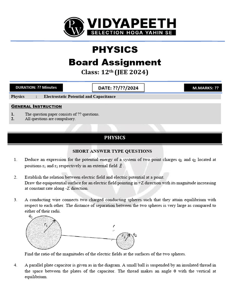 12 Physics Board - Assignment (Electrostatic Potential and Capacitance) - Pending | PDF ...