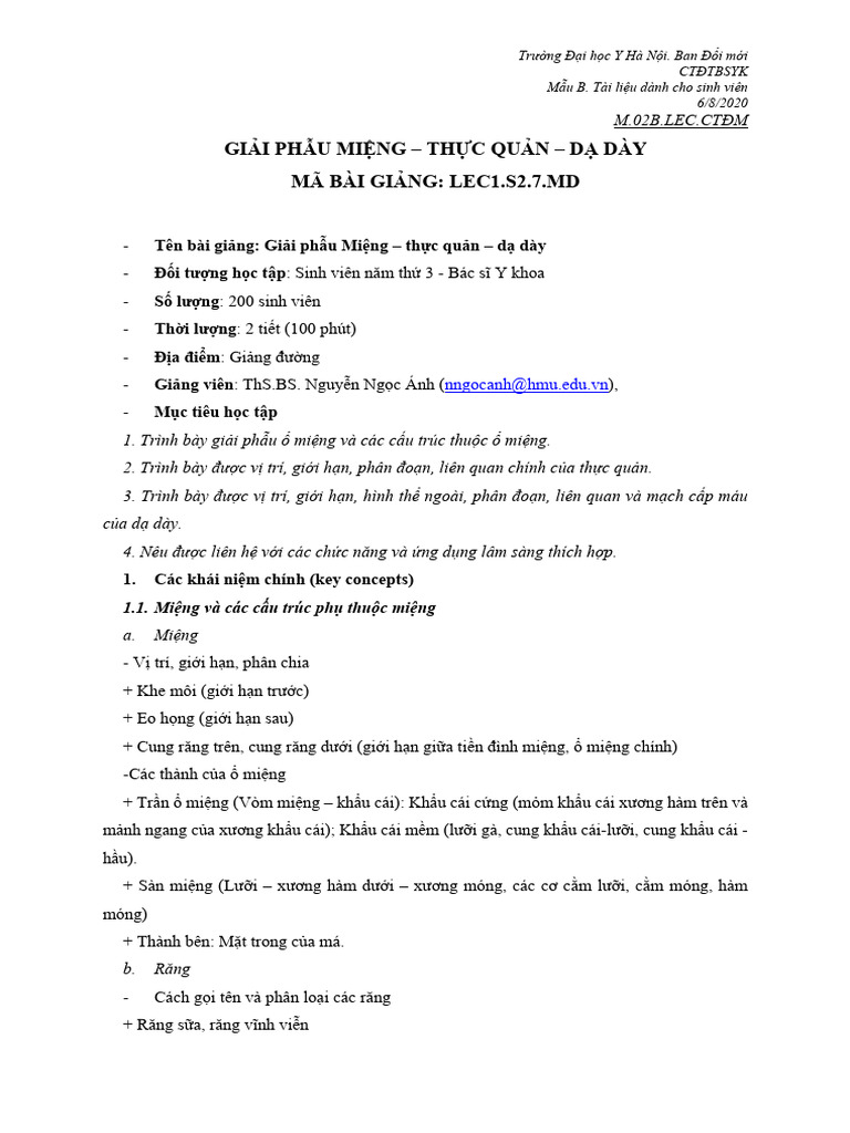 LEC1. GP Miệng - TQ - Dạ Dày Word | PDF