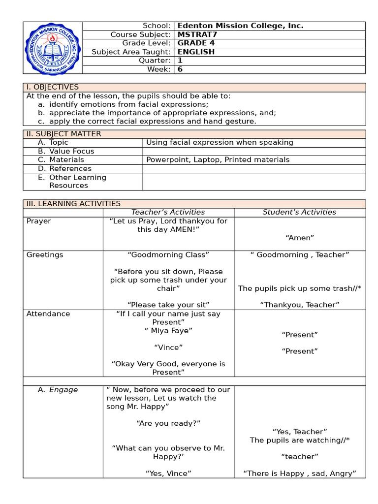 MSTRAT7 Lesson Plan Template | PDF | Face | Facial Expression
