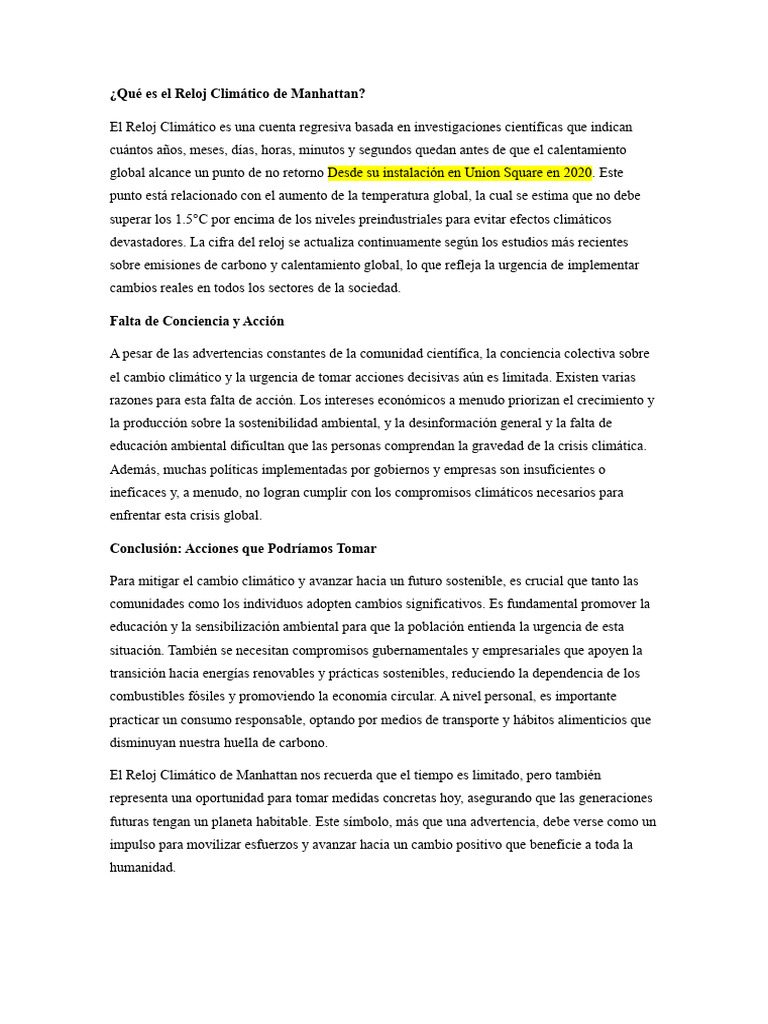 Qué Es El Reloj Climático de Manhattan | PDF | Cambio climático | Sustentabilidad