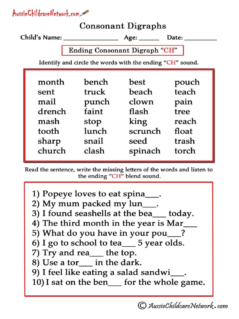 Consonant Digraphs Worksheets Ending CH | PDF