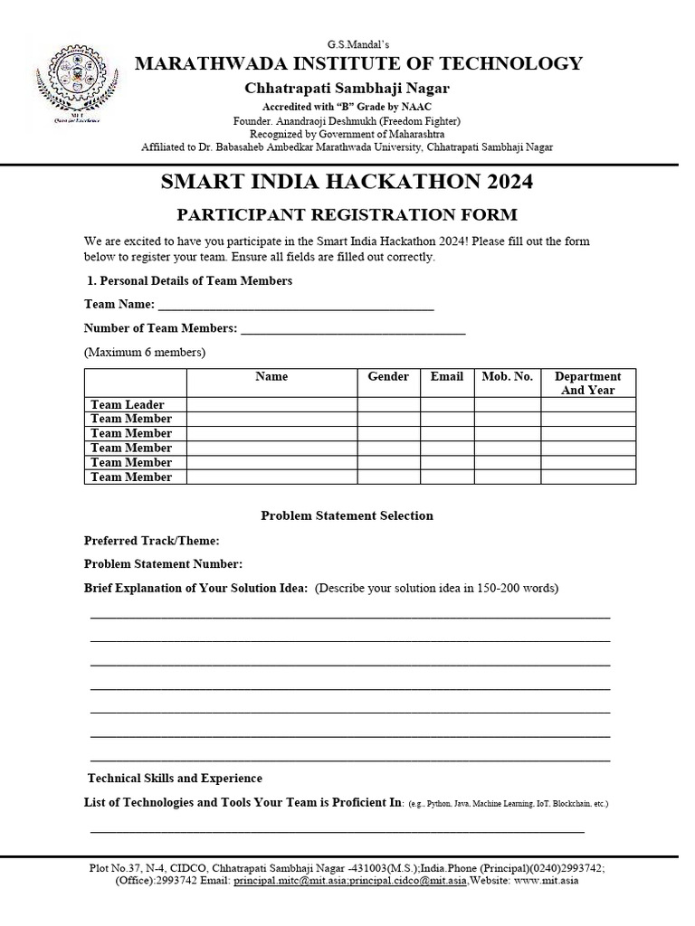 SMART INDIA HACKATHON 2024 Registration Form | PDF | Computing | Cognition