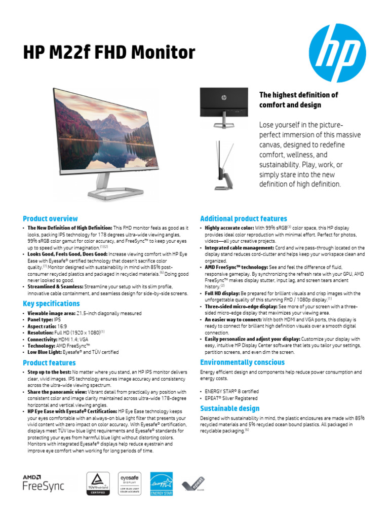 HP 22 Inches LCD Monitor Datasheet | PDF | Computer Monitor | Hdmi