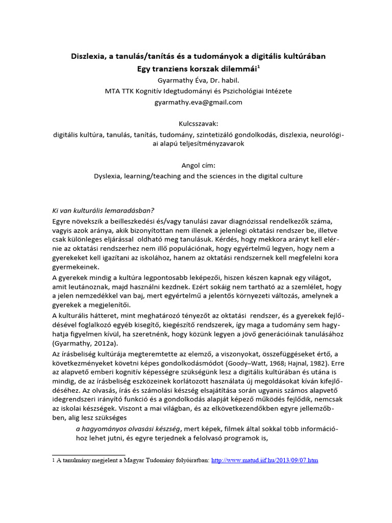 Diszlexia A Tanulas Tanitas Es A Tudoman | PDF
