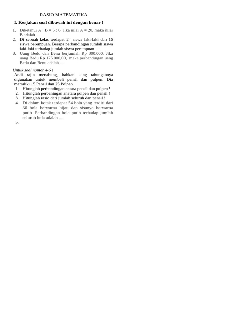 Soal Rasio dan Perbandingan Matematika | PDF | Olahraga & Rekreasi ...
