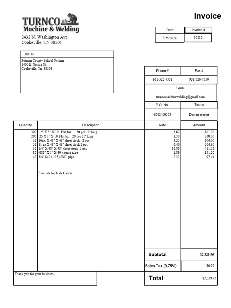 Inv 10410 From Turnco Machine Welding 25896 | PDF