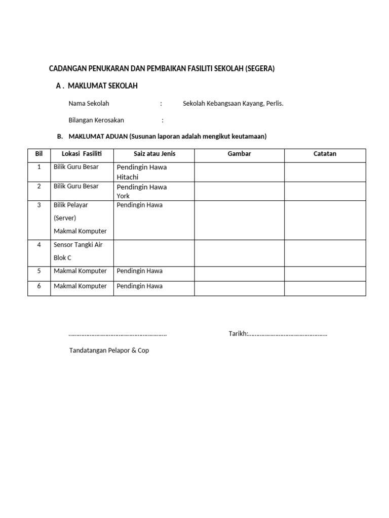 SK Kayang Senarai Kerosakan 7 Jun 2023 | PDF