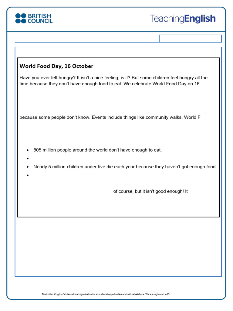 World Food Day Worksheet - A2 | PDF | Hunger