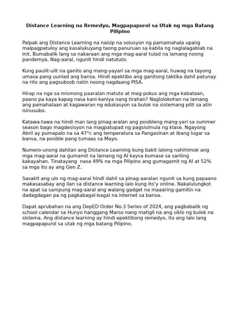 Kolum Pagsasagawa NG Distance Learning Sa Panahon NG Tag Init | PDF