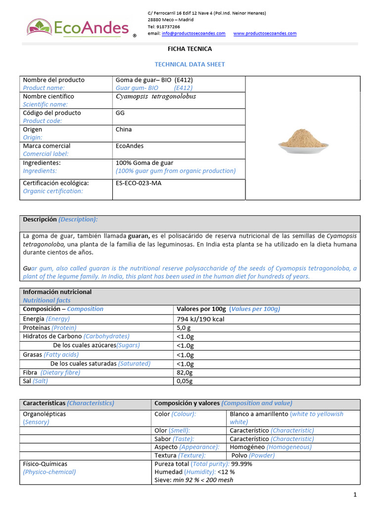 Información Nutricional de Goma Guar | PDF