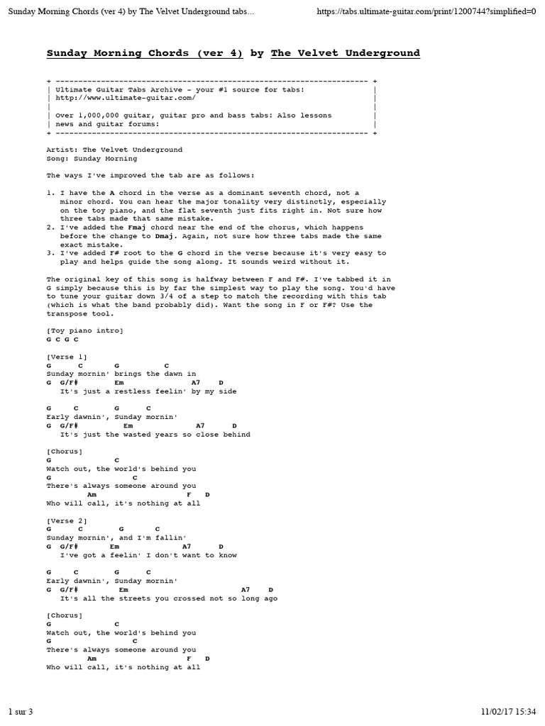 Sunday Morning Chords - The Velvet Underground | PDF | Song Structure ...