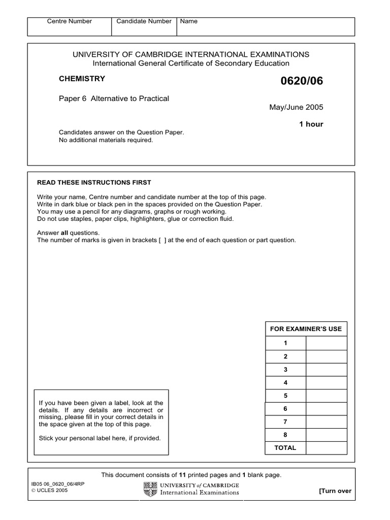 June 2005 QP - Paper 6 CIE Chemistry IGCSE | PDF | Acid | Electrode