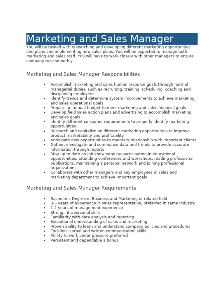 Marketing and Sales Manager | PDF