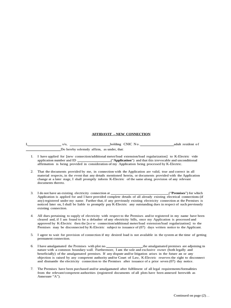 K-Electric New Connection Affidavit | PDF | Indemnity | Affidavit