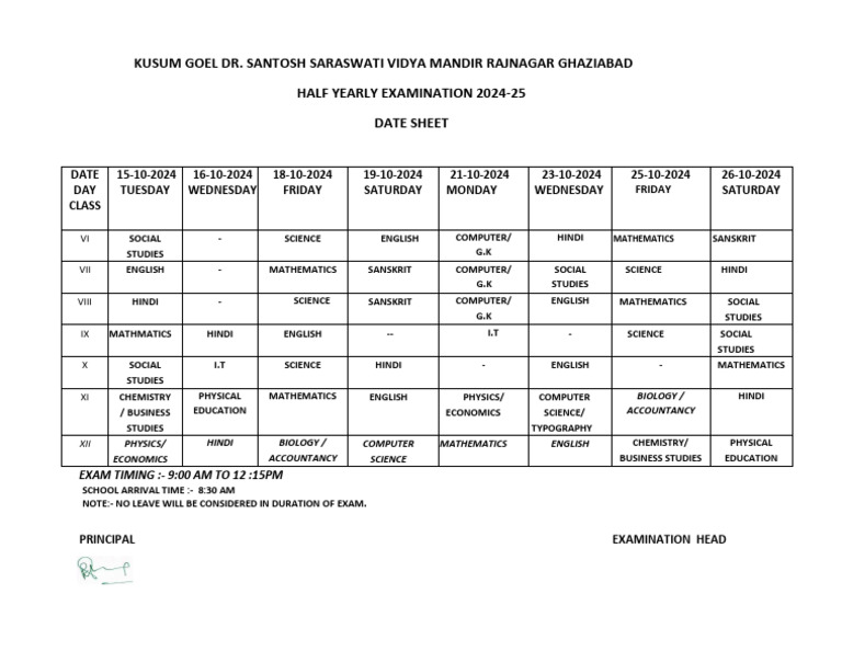 Date Sheet 2024 25 Half Yearly Pdf Pdf