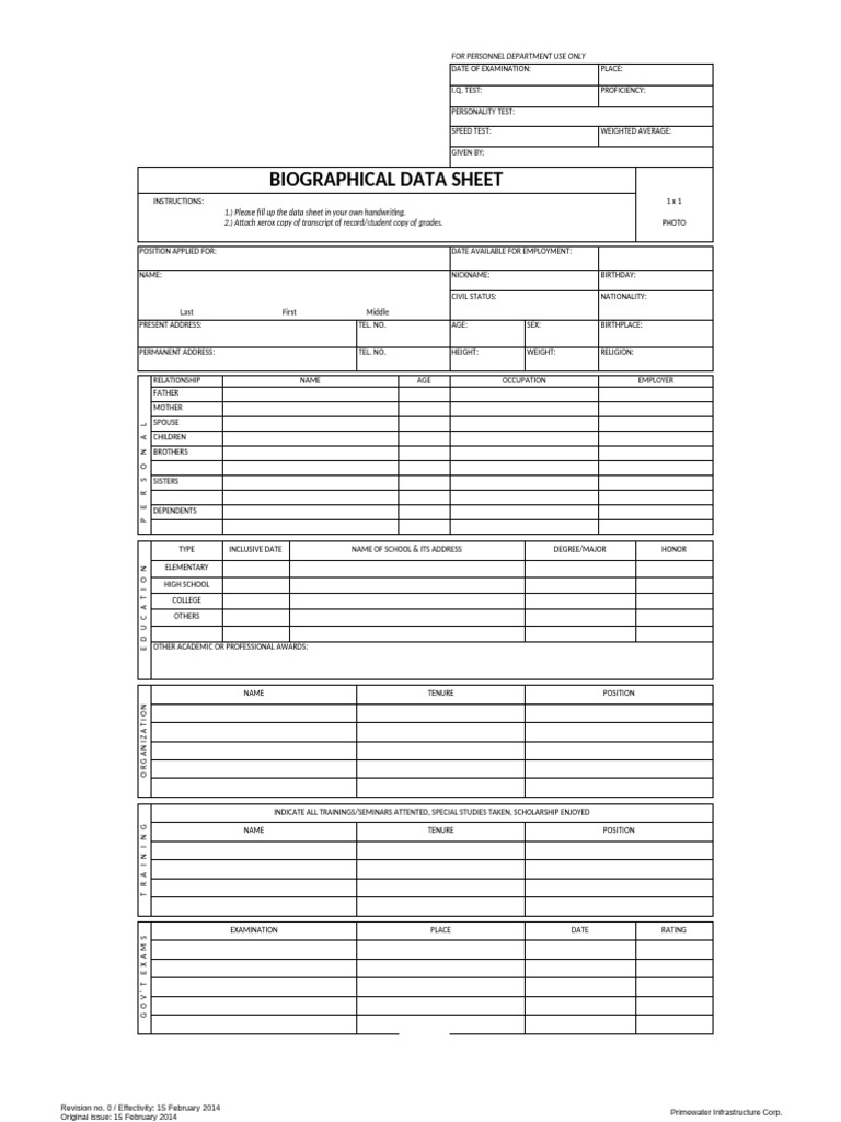 Biographical Data Sheet Rev0 | PDF