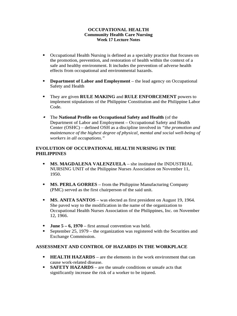 Occupational Health Nursing Overview | PDF | Occupational Safety And ...