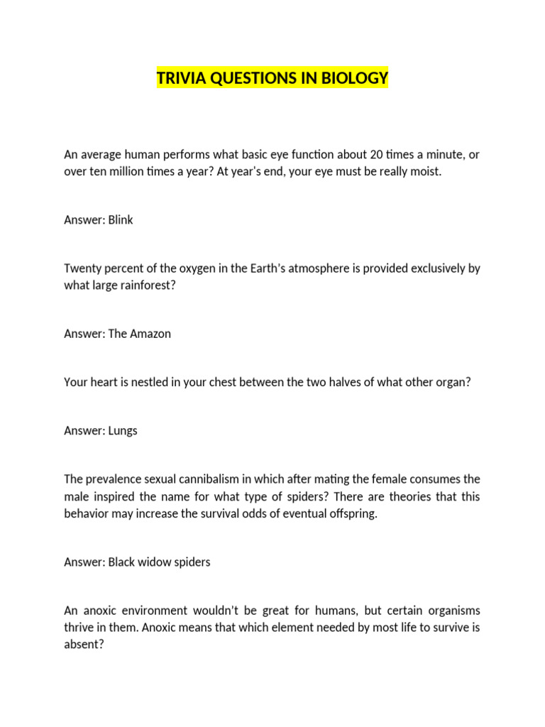 Trivia Questions and Answers in Biology Part 1 | PDF | Cell (Biology ...