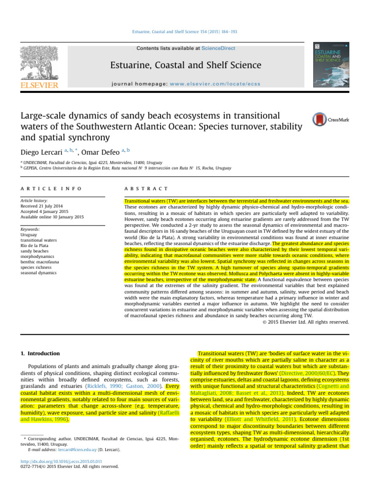 Estuarine, Coastal and Shelf Science: Diego Lercari, Omar Defeo | PDF | Estuary | Beach
