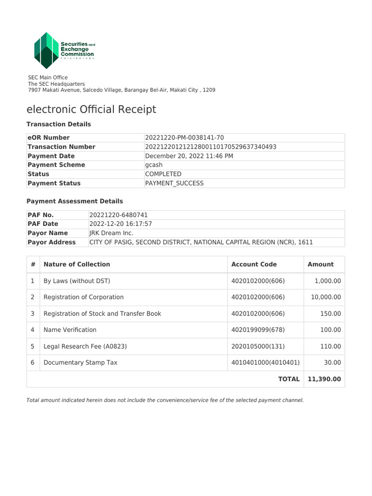 JRK - SEC Electronic Official Receipt | PDF