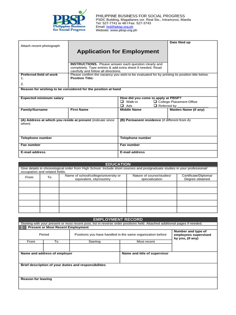 Philippine Employment Application Form | PDF | Employment