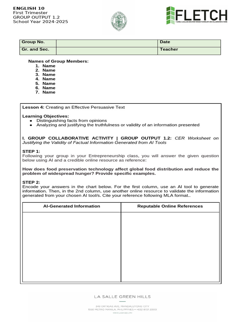 Group Output 1.2 - CER Worksheet | PDF