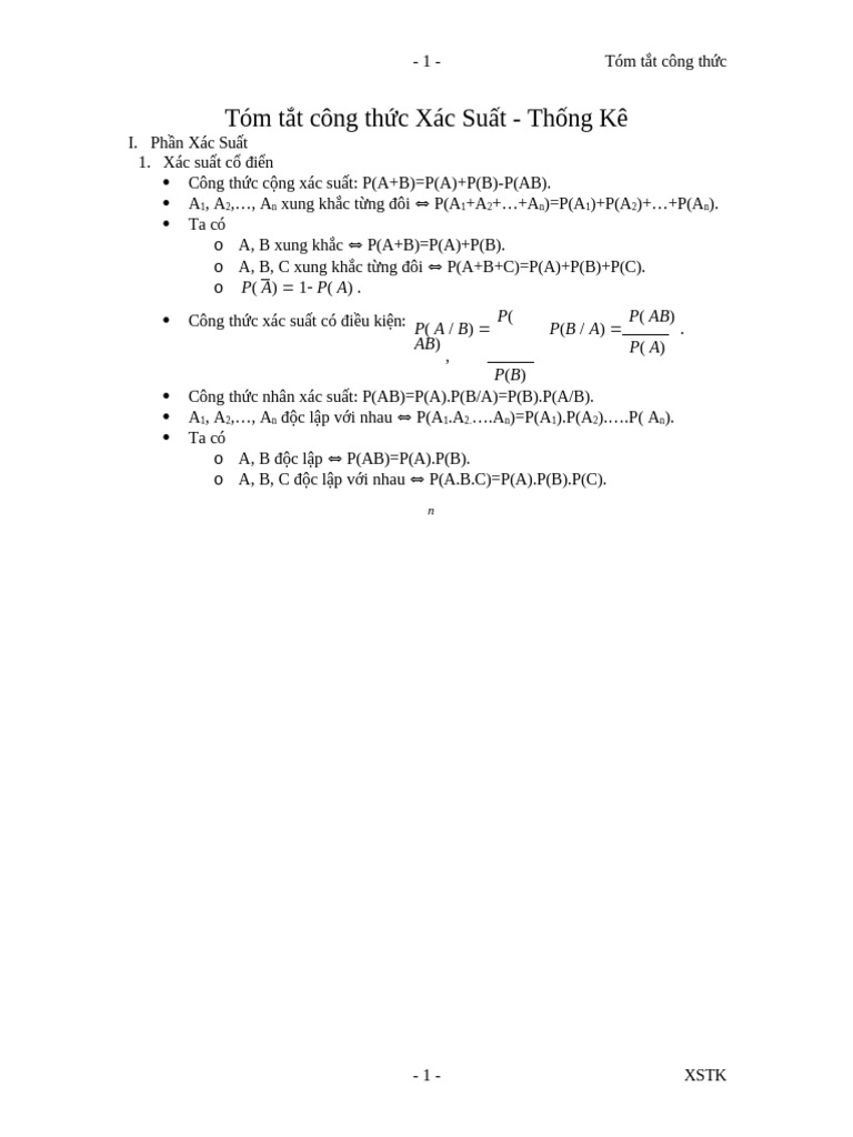 Tom Tat Cong Thuc XSTK | PDF