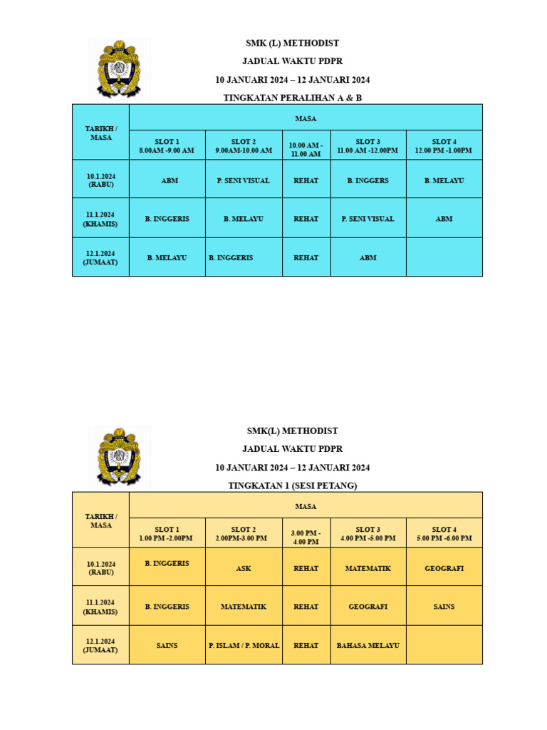 Jadual PDPR 10 Jan - 12 Jan 2024 SMK (L) Methodist | PDF