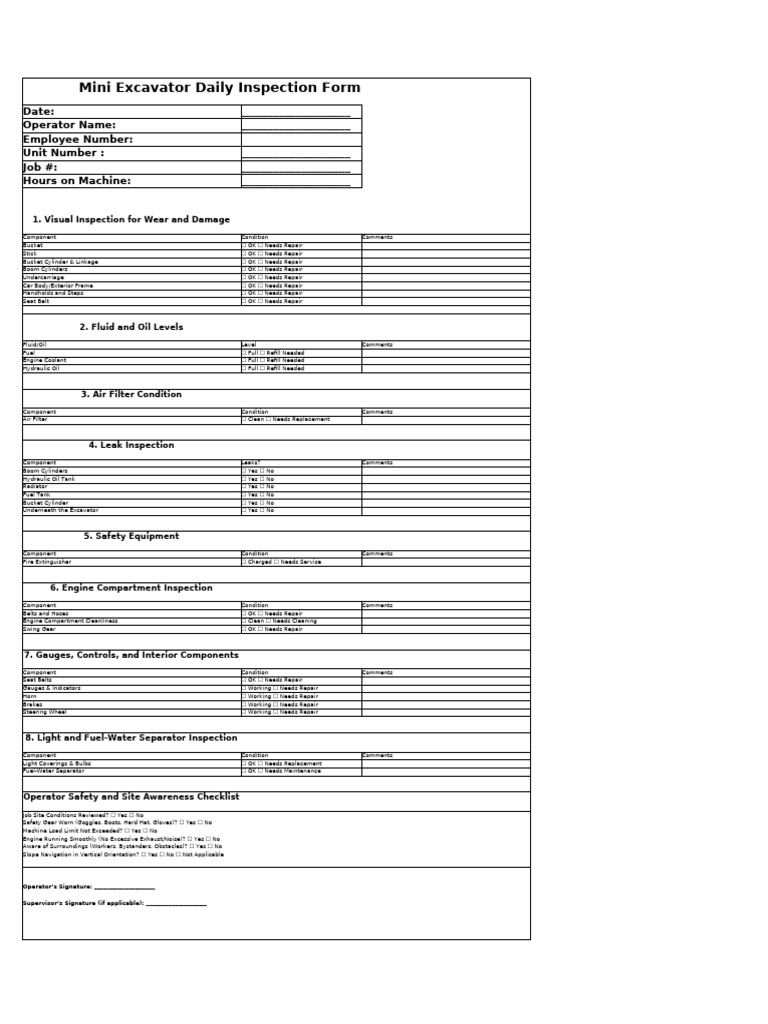 Mini Excavator Daily Inspection Checklist | PDF | Vehicles | Vehicle ...