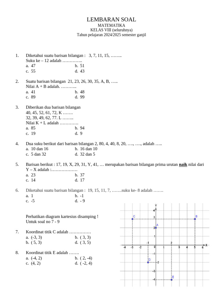 Soal MTK Kelas 8 2024 SMT 1 | PDF