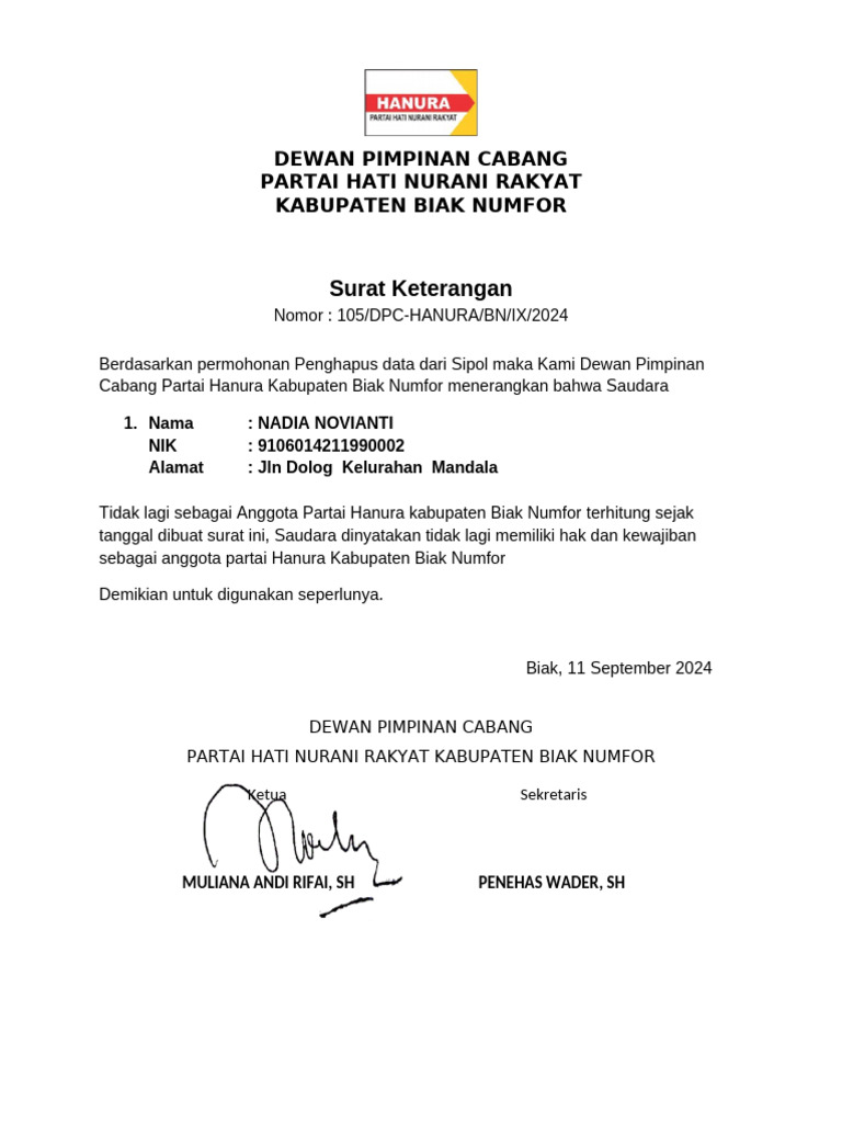 Surat Penghapusan Anggota Hanura Biak | PDF