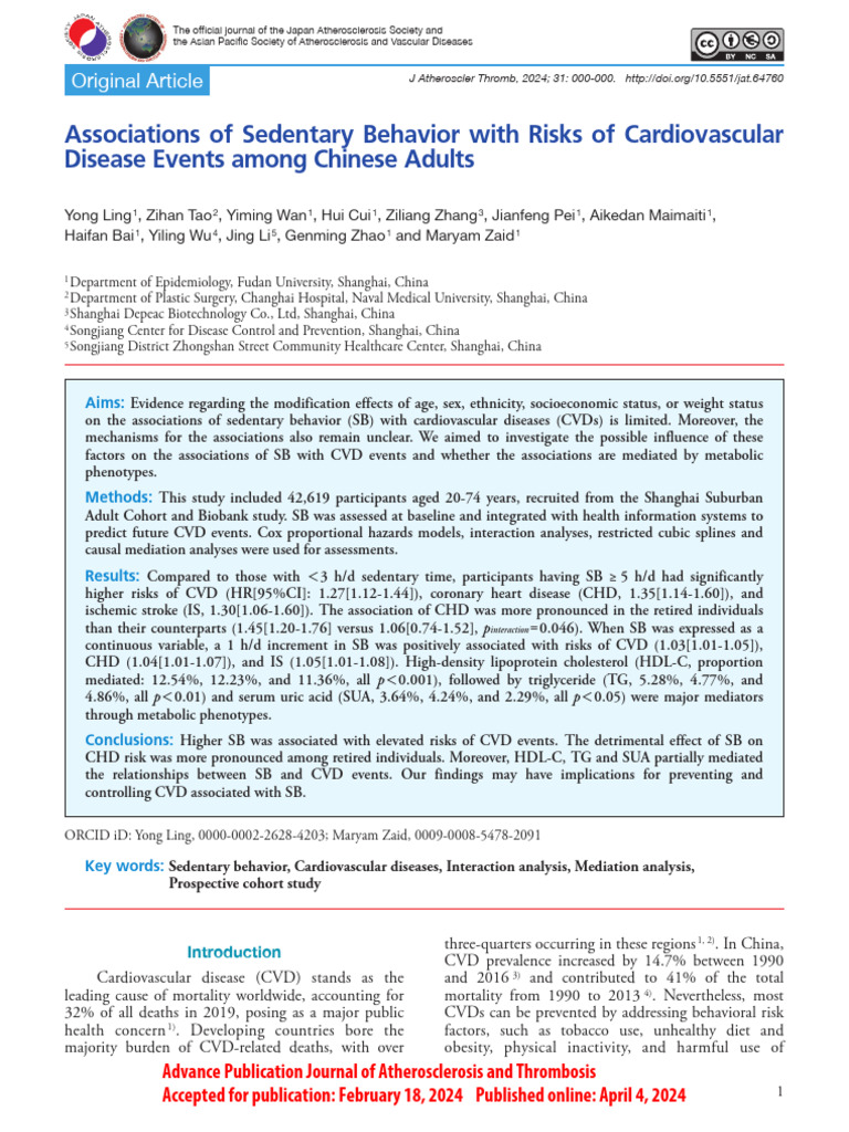 Associations of Sedentary Behavior With Risks of Cardiovascular | PDF | Cardiovascular Diseases ...