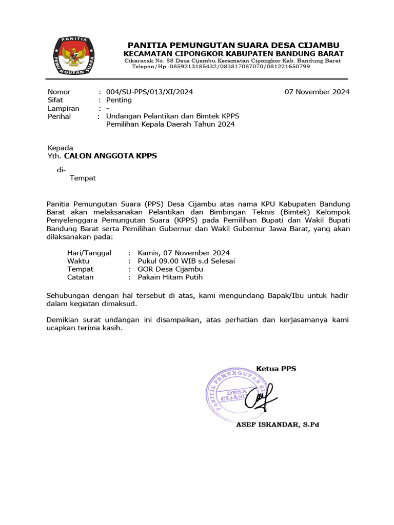 Undangan Bimtek KPPS Pemilu 2024 | PDF