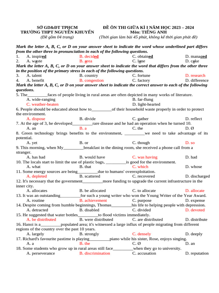 02. Đề ôn thi giữa kì 1 THPT Nguyễn Khuyến-TPHCM | PDF | Natural ...