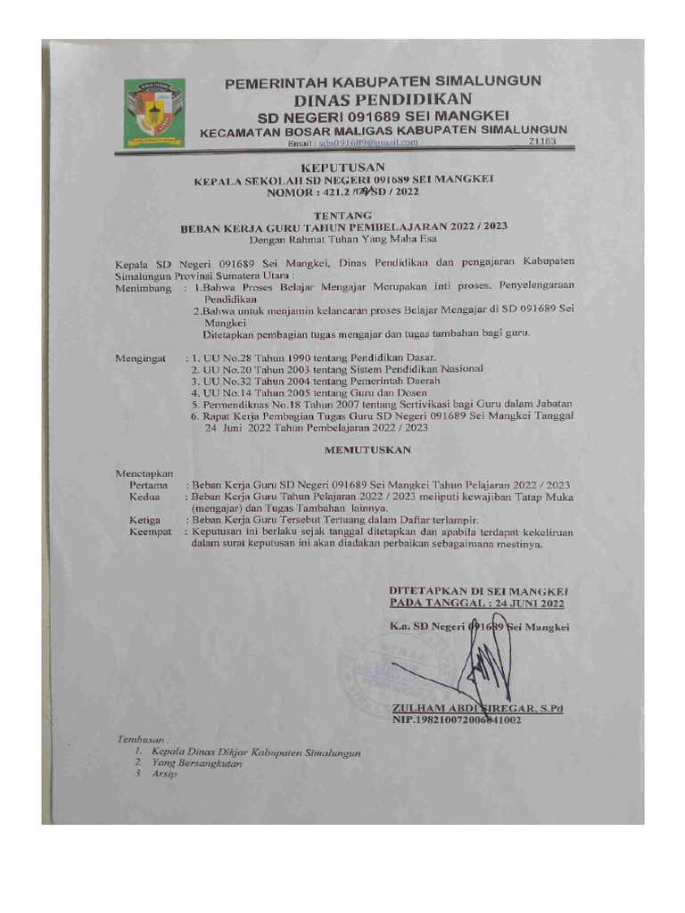 SK Pembagian Tugas 2022-2023 | PDF