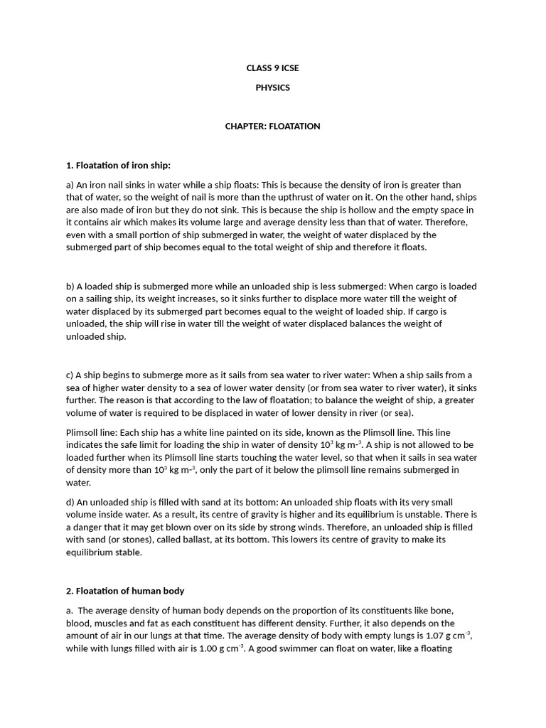 CLASS 9 ICSE Floatation | PDF | Buoyancy | Density