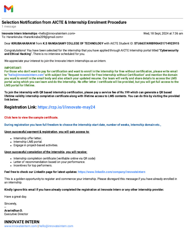Gmail - Selection Notification From AICTE & Internship Enrolment ...