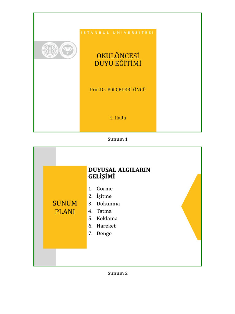 Ders - OKUL ÖNCESİ DÖNEMDE DUYU EĞİTİMİ - Ünite - 4. Duyusal Algıların Gelişimi - Sunum | PDF