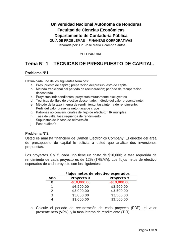 FC Guía P1 T1 Técnicas Presupuesto Capital | PDF | Tasa interna de retorno | Economía Financiera