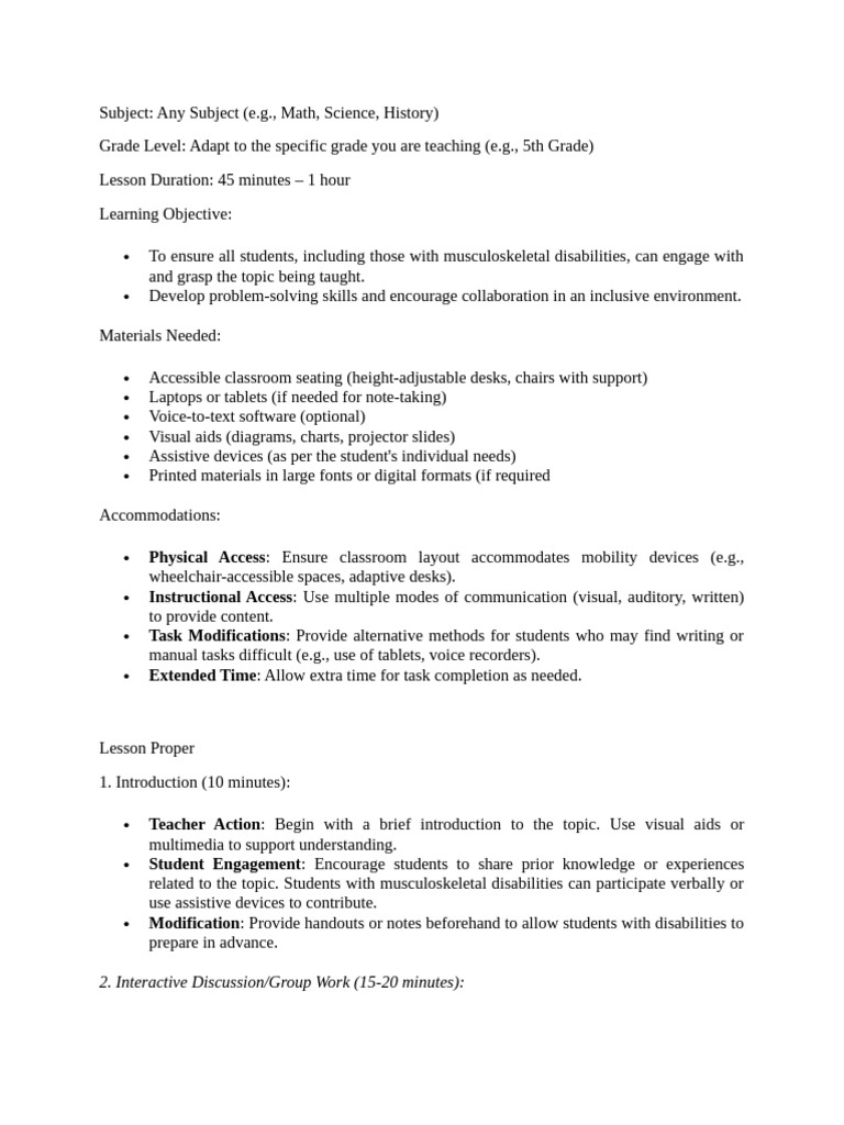 Lesson Plan Musculoskeletal Disability | PDF | Cognition | Learning